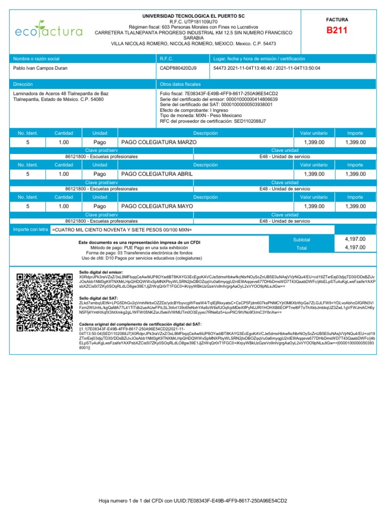5 1.00 Pago Pago Colegiatura Marzo 1,399.00 1,399.00: Universidad Tecnologica El Puerto SC ...