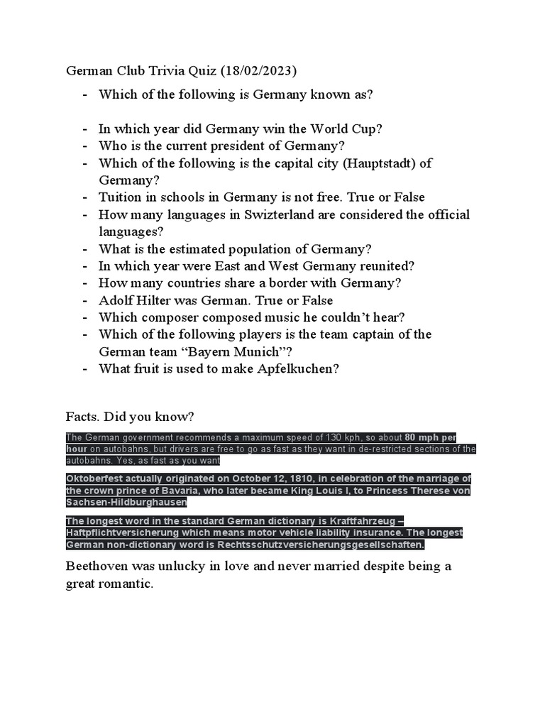 German Club Trivia Quiz | PDF | Travel | Art