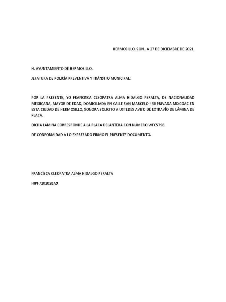 Carta Extravio Placa | PDF