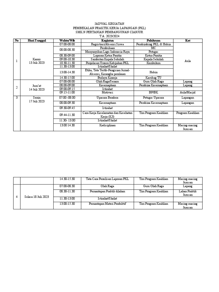 Jadwal Pembekalan PKL 2023 | PDF