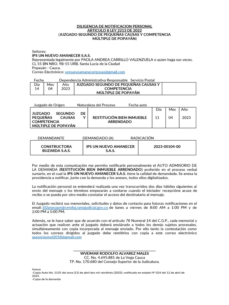 Notificacion Personal Articulo 8 Ley 2213 Del 2022 | PDF | Gobierno Notificacion Personal Articulo 8 Ley 2213 Del 2022 | PDF | Gobierno