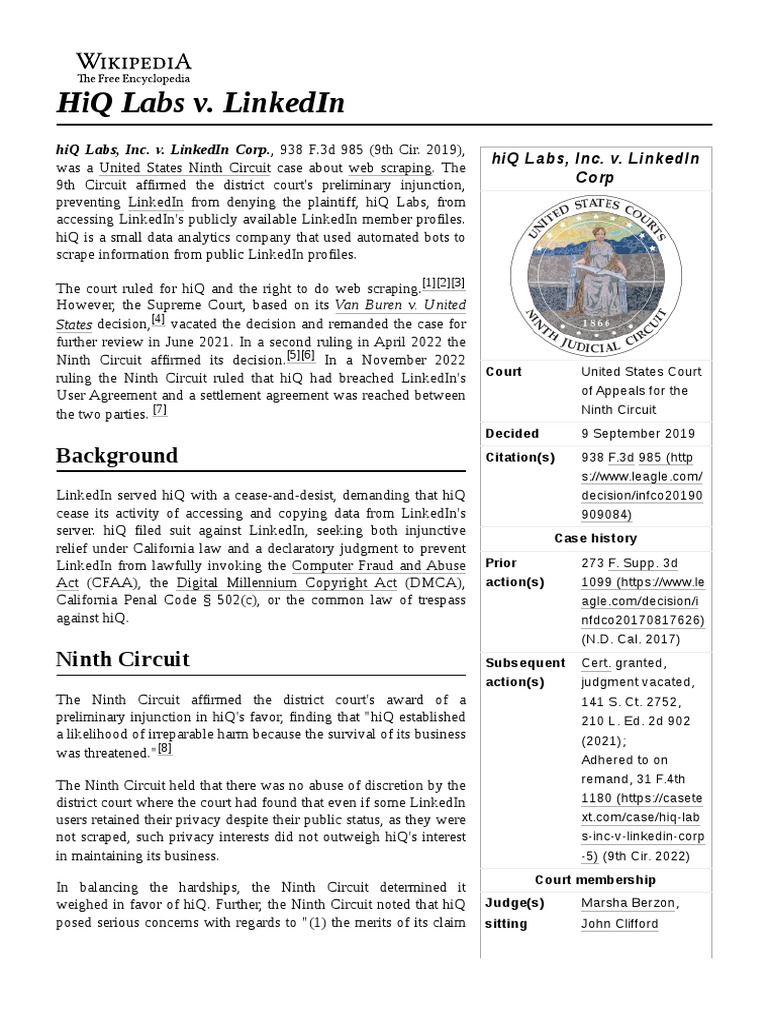 HiQ Labs v. LinkedIn | PDF | United States Federal Law | Justice