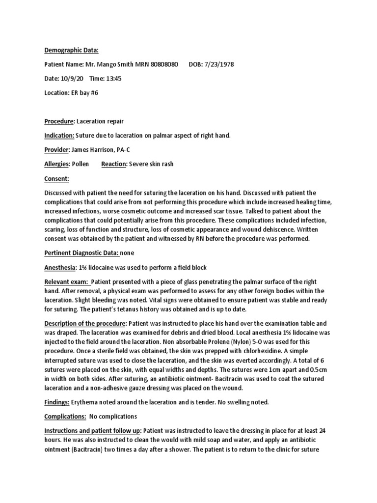 The Procedure Note - Laceration Repair | PDF | Wound | Surgical Suture