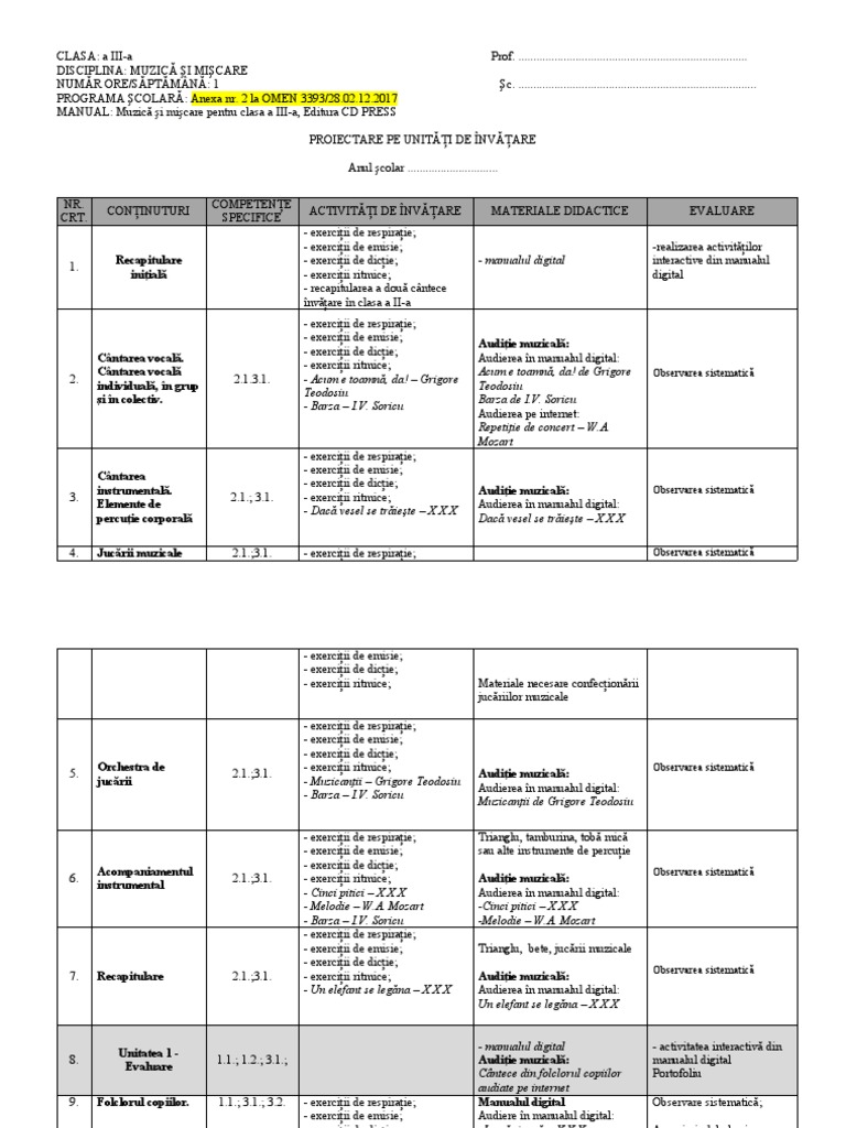 Muzica Si Miscare - Proiectare Pe Unitati de Invatare - Cls 3 | PDF