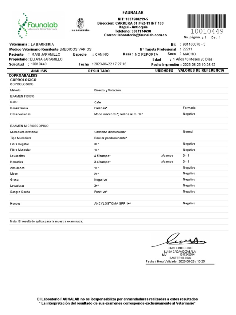 Mani Jaramillo Resultados Coprologico | PDF | Medicina CLINICA ...