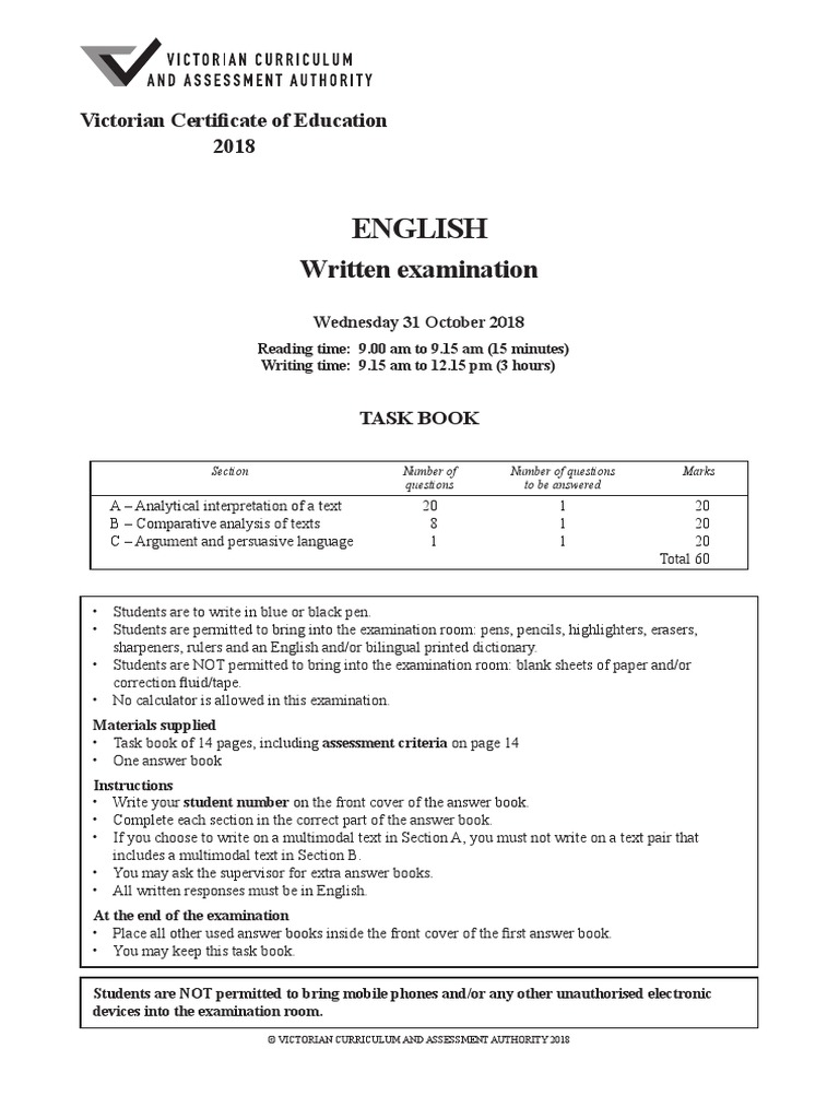 VCAA VCE English Exam: 2018 | PDF