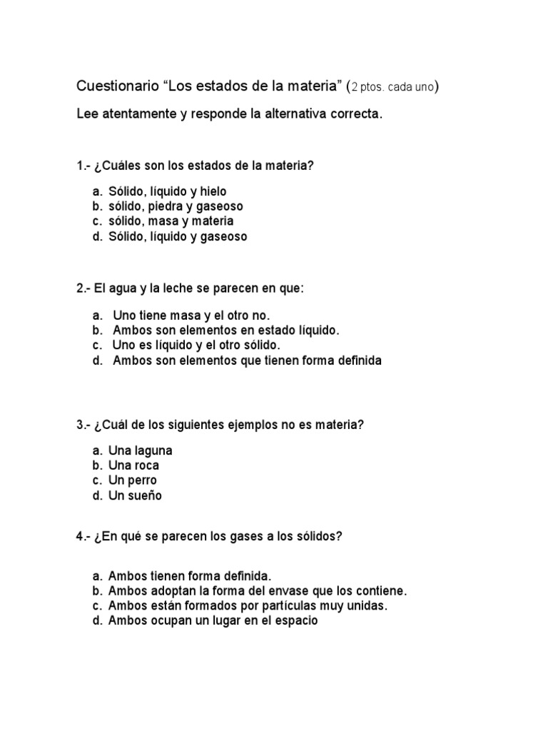 Cuestionario Estados de La Materia) | PDF