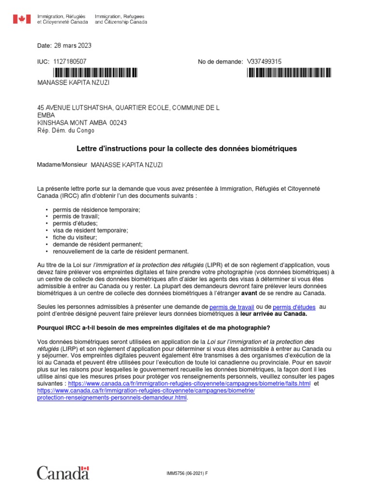 Lettre Des Donnees Biometriques Manasse | PDF | Biométrie