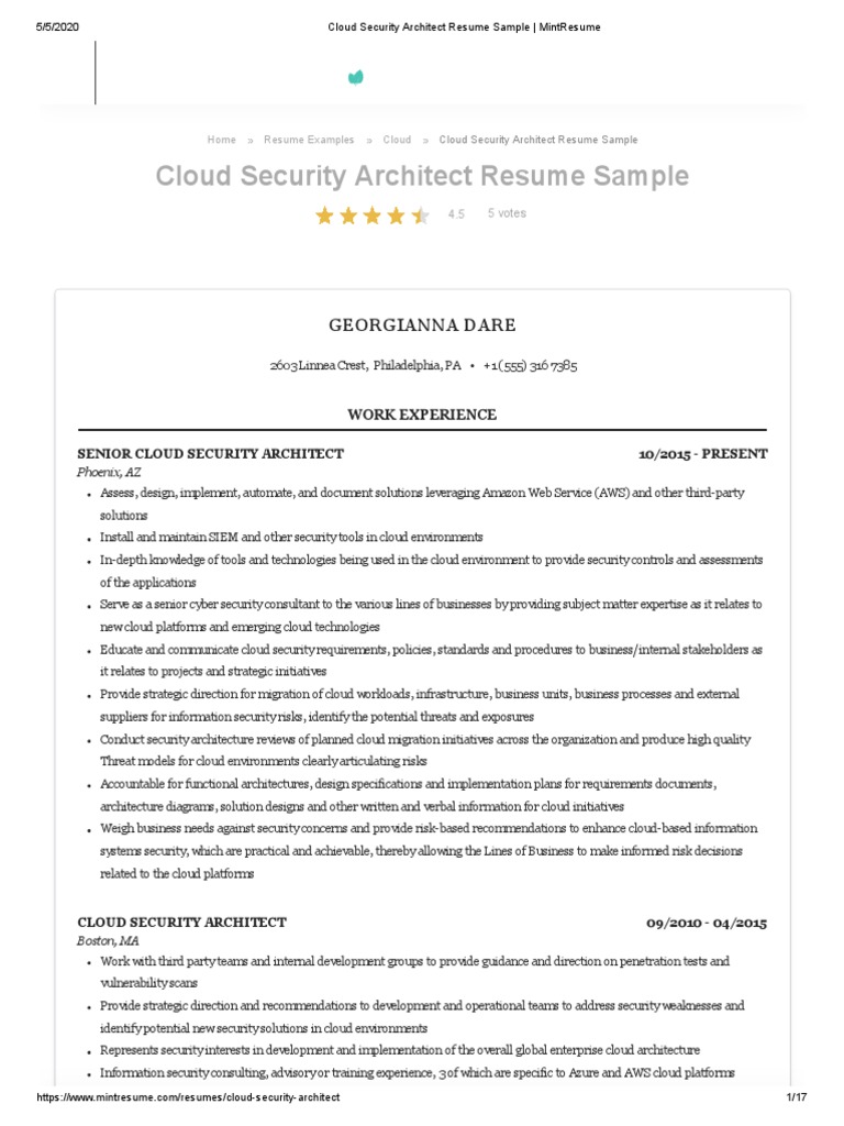 Cloud Security Architect Resume Sample - MintResume | PDF | Cloud Computing | Computer Security