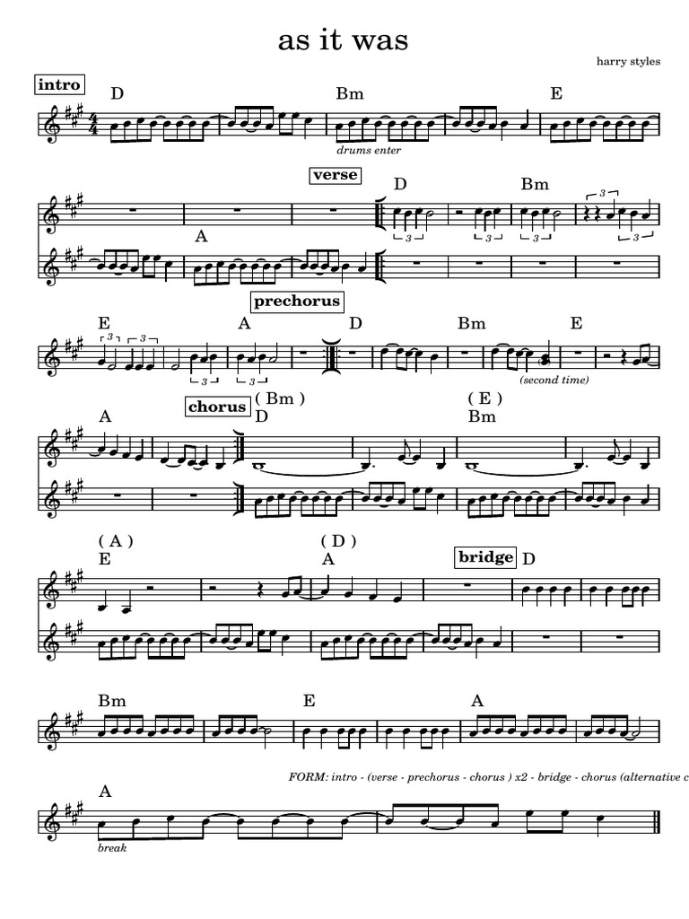 As It Was Harry Styles Leadsheet | PDF | Song Structure | Musical Forms