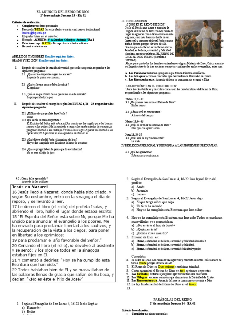 EAs 1 y 2 Semana 13 - 2° EDUC RELIGIOSA El Anuncio Del Reino de Dios y La Parabolas Del Reino de ...