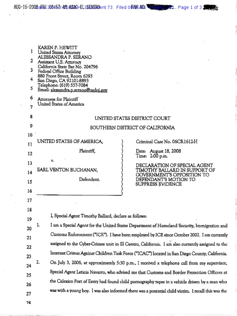 Tim Ballard's Sworn Statement On The Arrest of Earl Buchanan | PDF