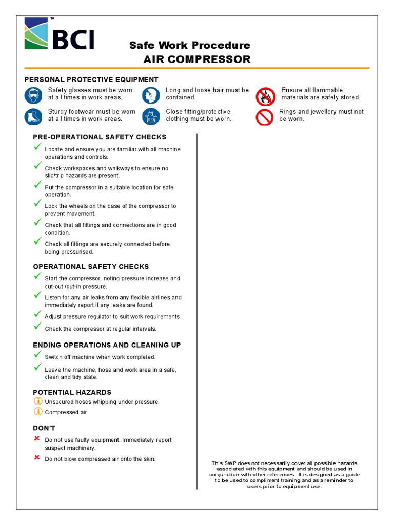 Safe Work Procedure for Air Compressors | PDF