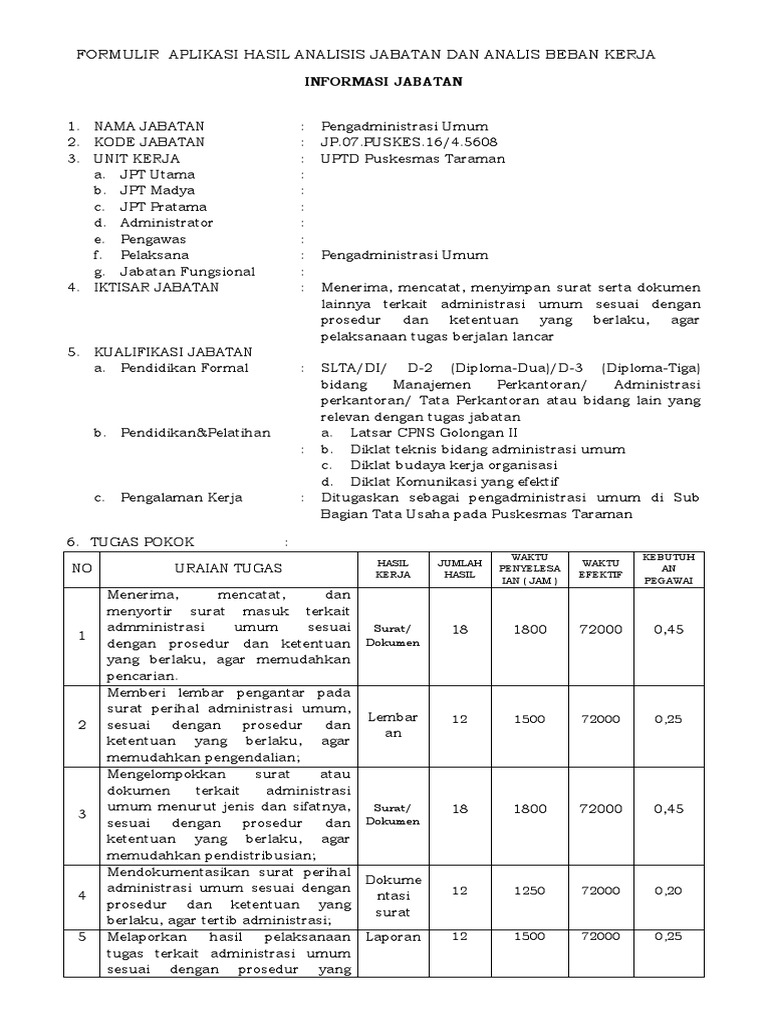 Formulir Anjab Pengadministrasi Umum | PDF