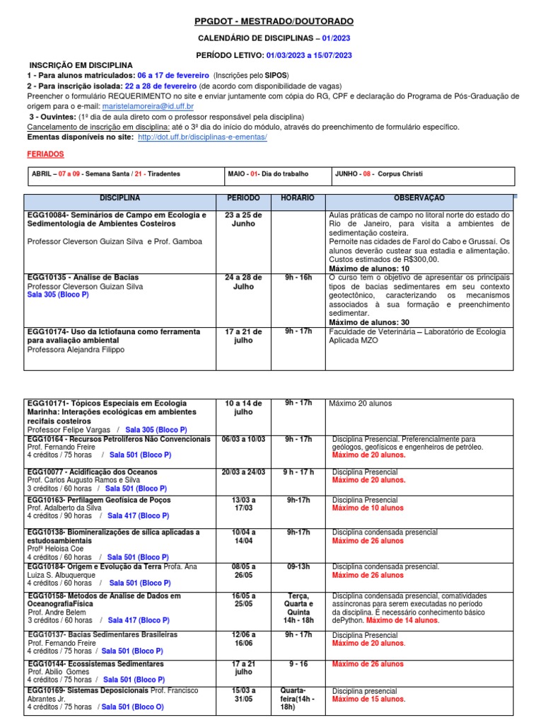 Quadro de Horarios 2023.1 Finalsegundaversao 1 | PDF | Geociências ...