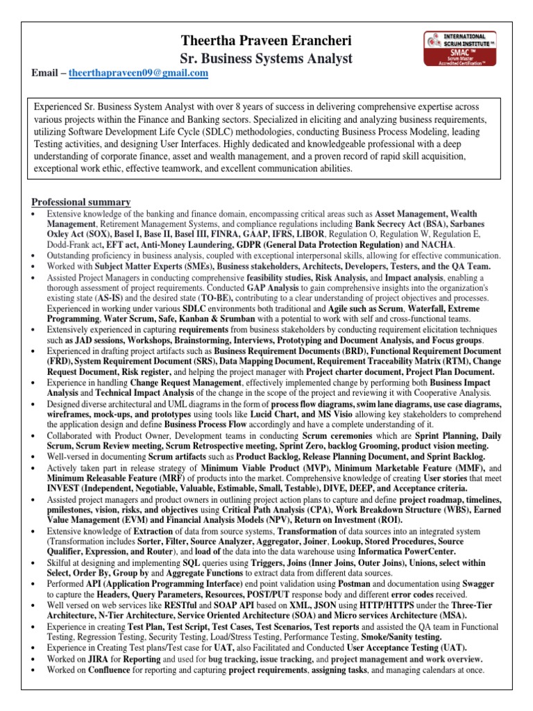 Theertha Praveen E Sr. BSA Resume PDF | PDF | Scrum (Software ...