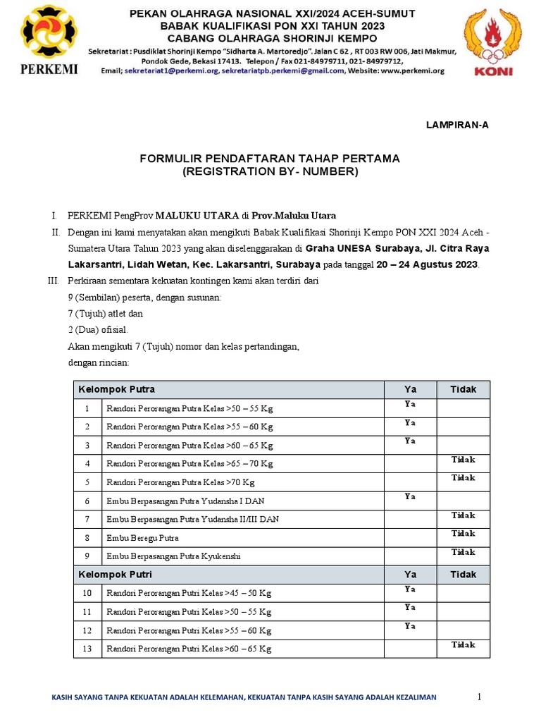 Formulir Pendaftaran Tahap Pertama - Maluku Utara | PDF