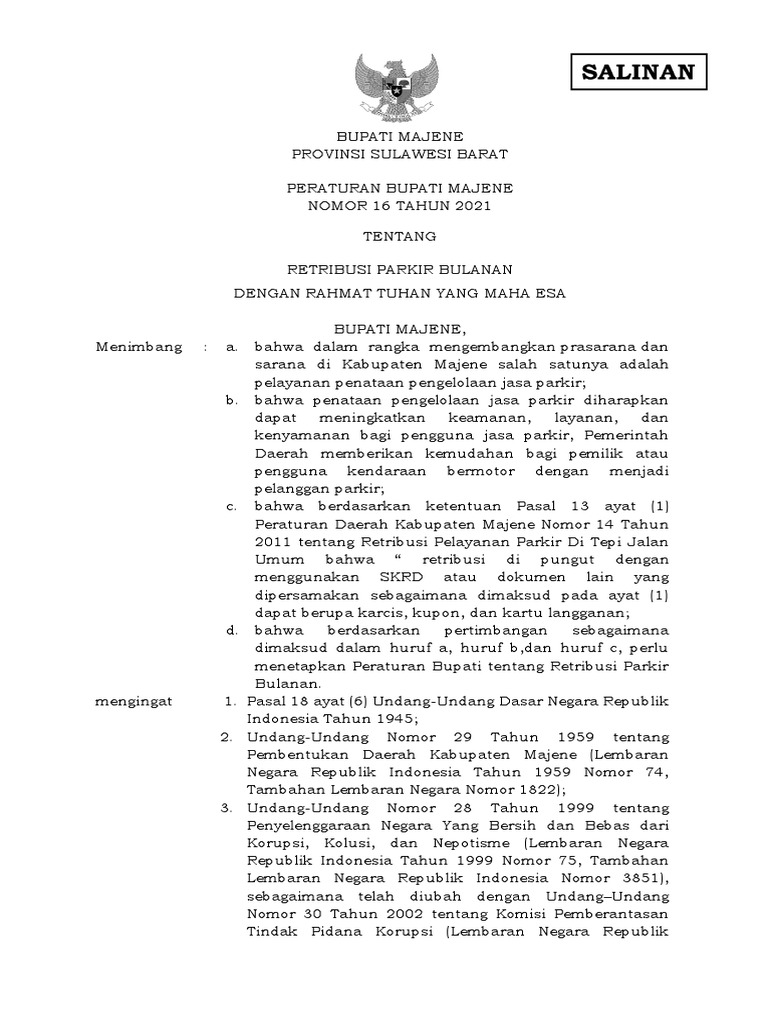 Salinan Perbub Nomor 16 Tahun 2021 | PDF