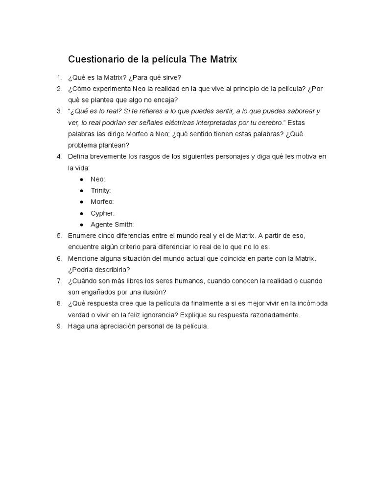 Cuestionario de La Película The Matrix | PDF