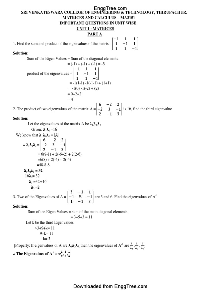MA3151 Matrices and Calculus Two Mark Questions 2 | PDF | Eigenvalues ... MA3151 Matrices and Calculus Two Mark Questions 2 | PDF | Eigenvalues ...