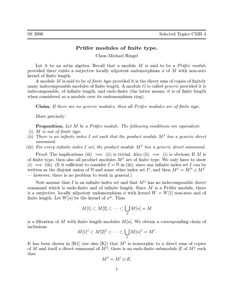 Claus Michael Ringel - Prufer Modules of Finite Type | PDF | Ring (Mathematics) | Mathematical ...