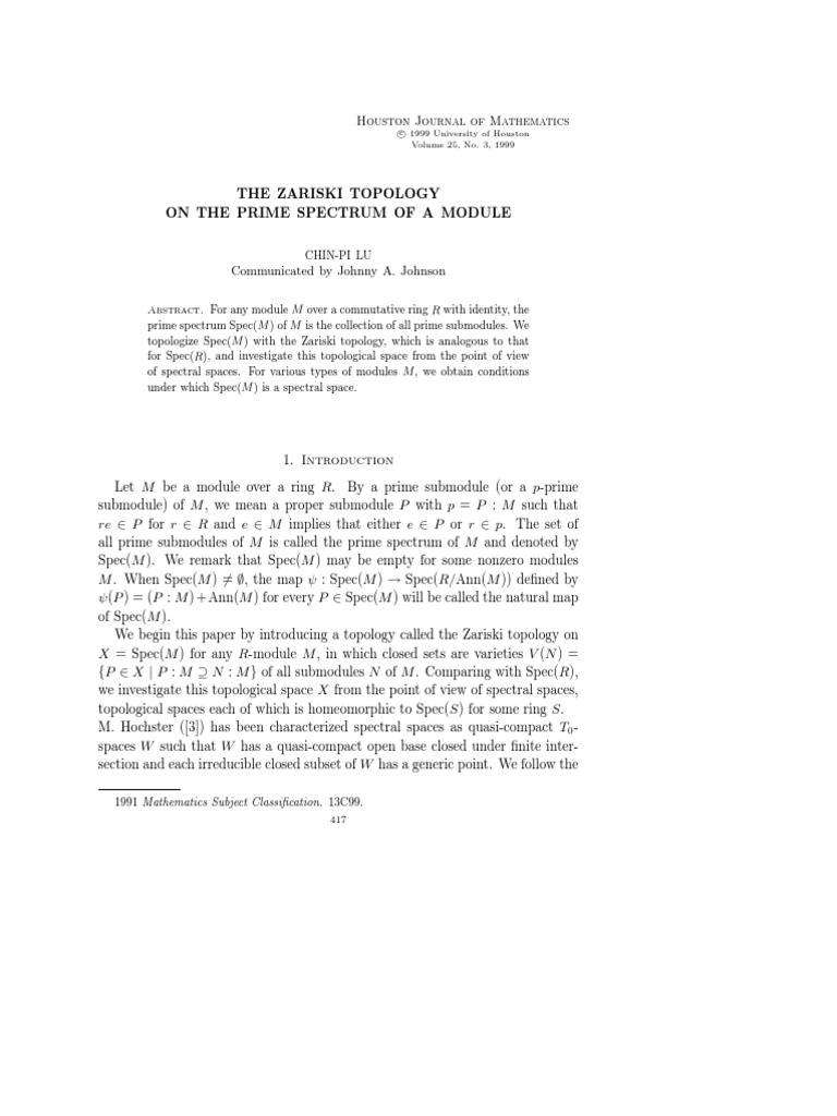 Zariski Topology on Module Prime Spectrum | PDF | Module (Mathematics ...