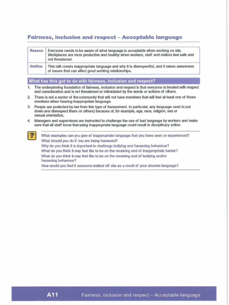 A11 Fairness, Inclusion, Respect - Acceptable Language | PDF