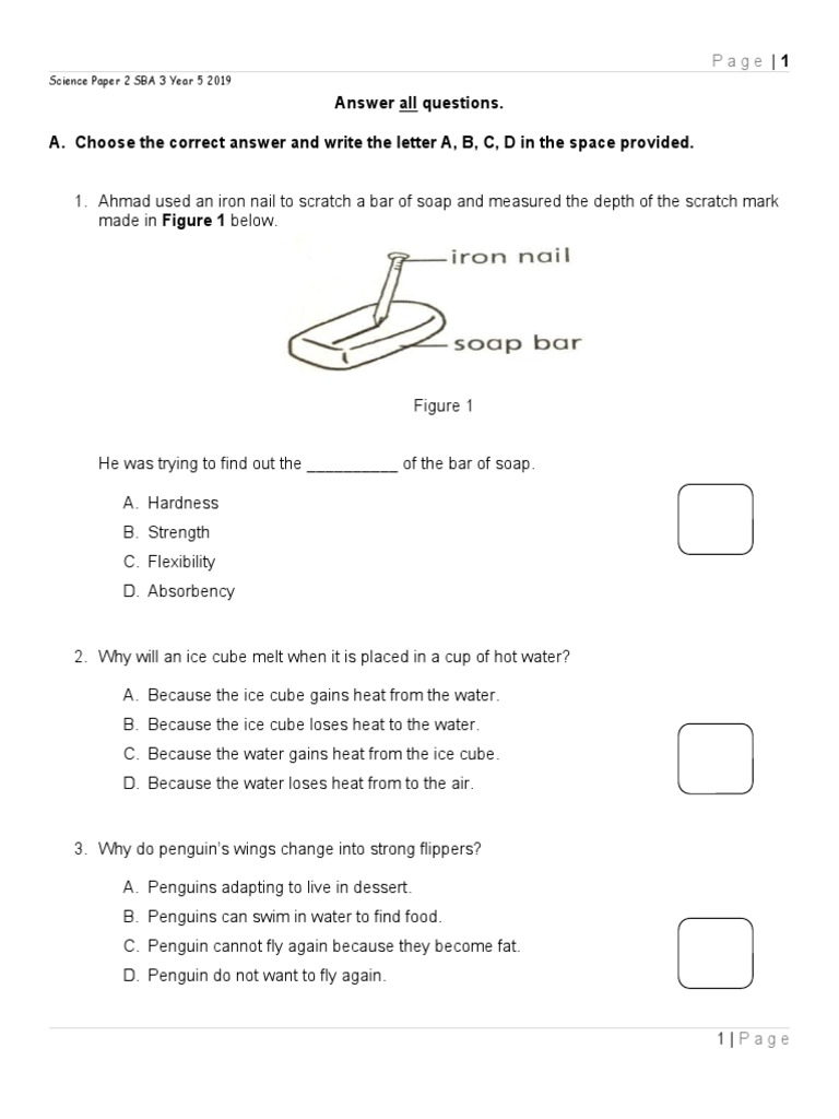 Year 5 Science Quiz SBA 3 2019 | PDF | Predation | Water