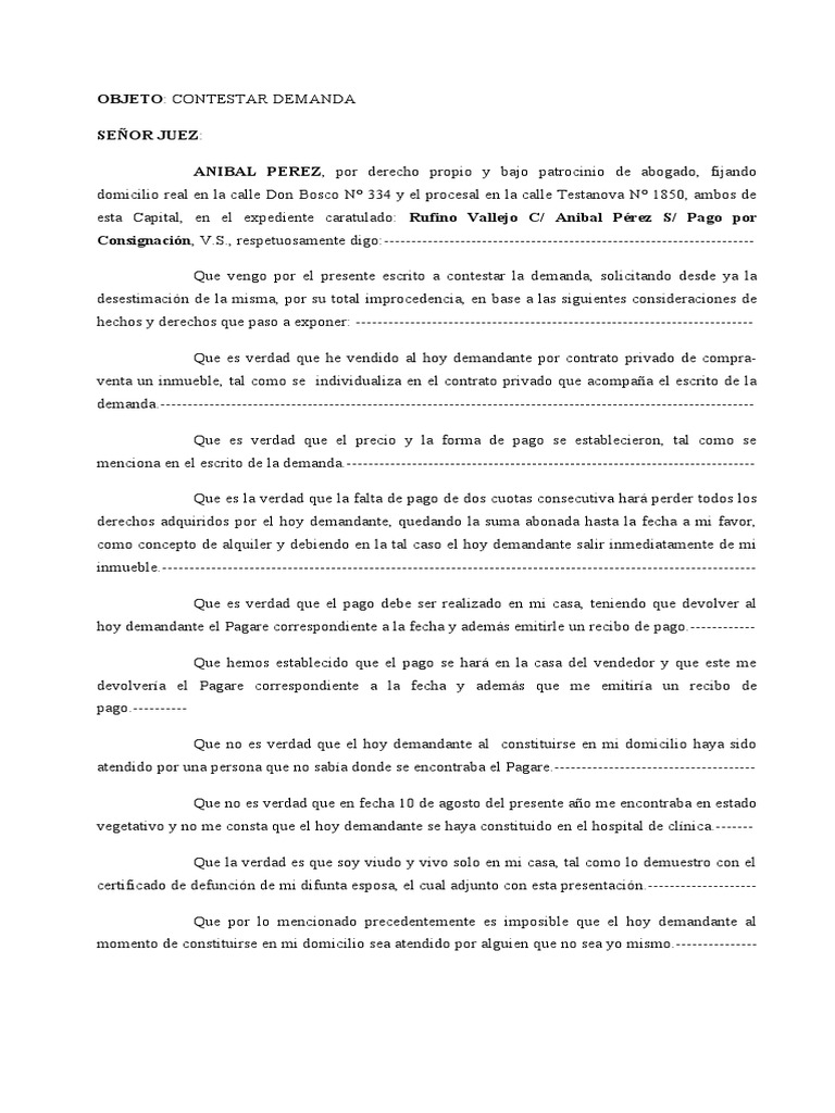 Contestar Demanda de Pago Por Consignación | PDF