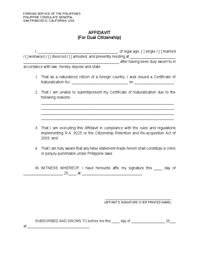 Dual Citizenship Affidavit | PDF | Finance & Money Management | Social Science