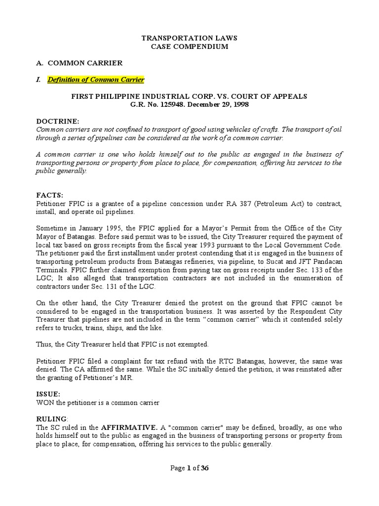 TRANSPORTATION - Case Compendium | PDF | Cargo | Common Carrier