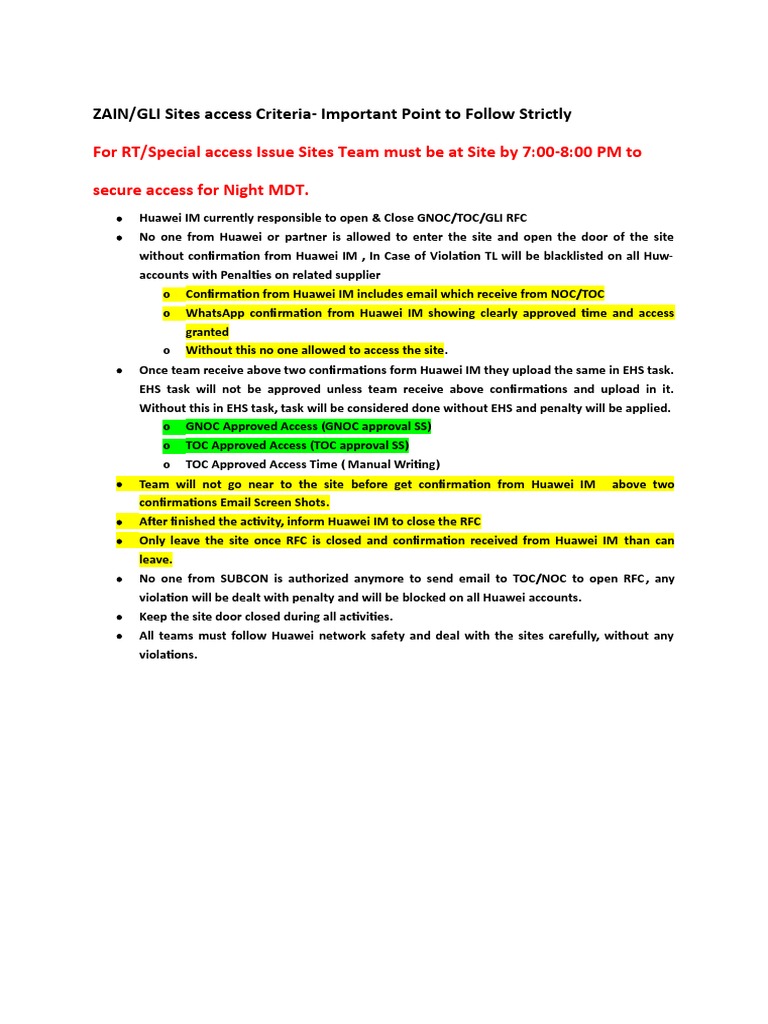 Importatnt Point For Zain-Site Access Process | PDF