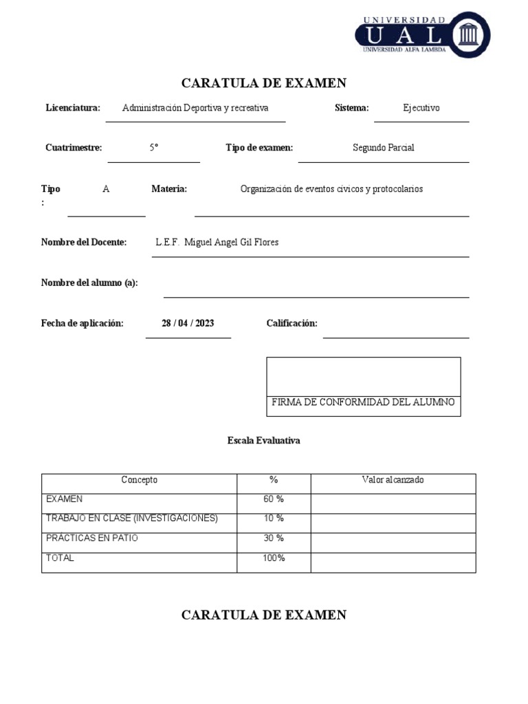 Carátula de Examen: Administración Deportiva | PDF