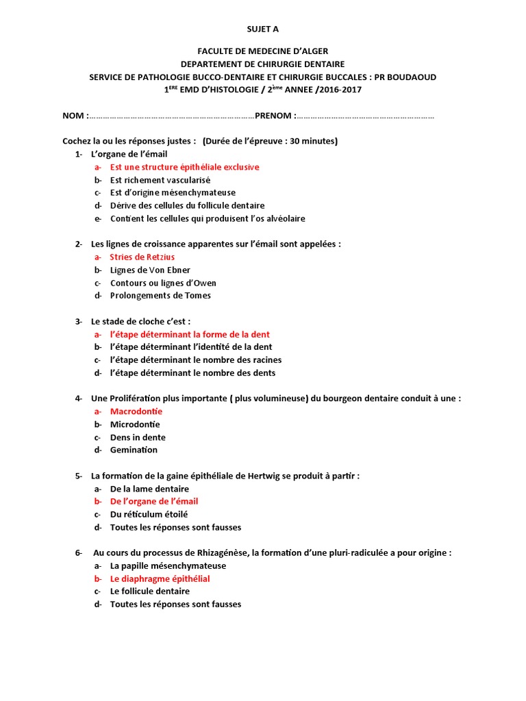 Sujet A EMD 1 Corrigé | PDF | Émail dentaire | Dentine