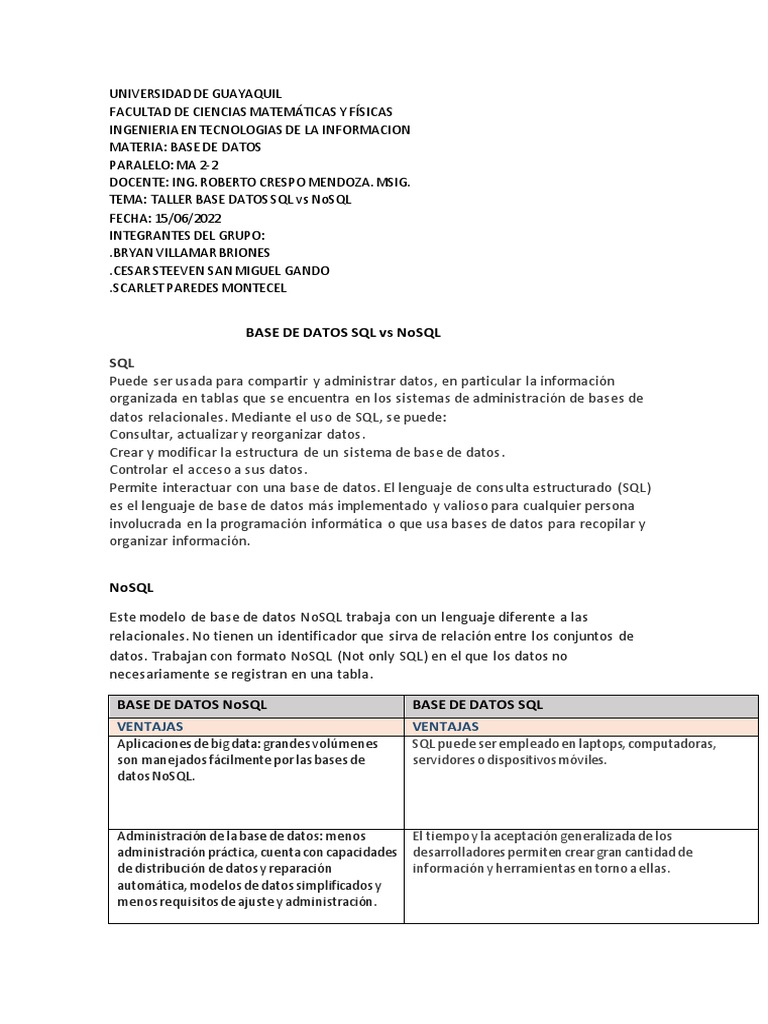Base de Datos SQL Vs Nosql | PDF | Bases de datos | No Sql Base de Datos SQL Vs Nosql | PDF | Bases de datos | No Sql