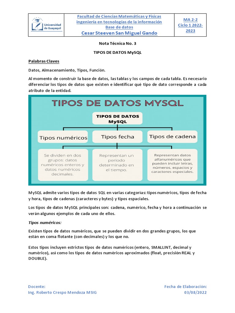 3 Ago 2022 Tarea Tipos de Datos en MySQL SAN MIGUEL | PDF | Tipo de datos | Bases de datos