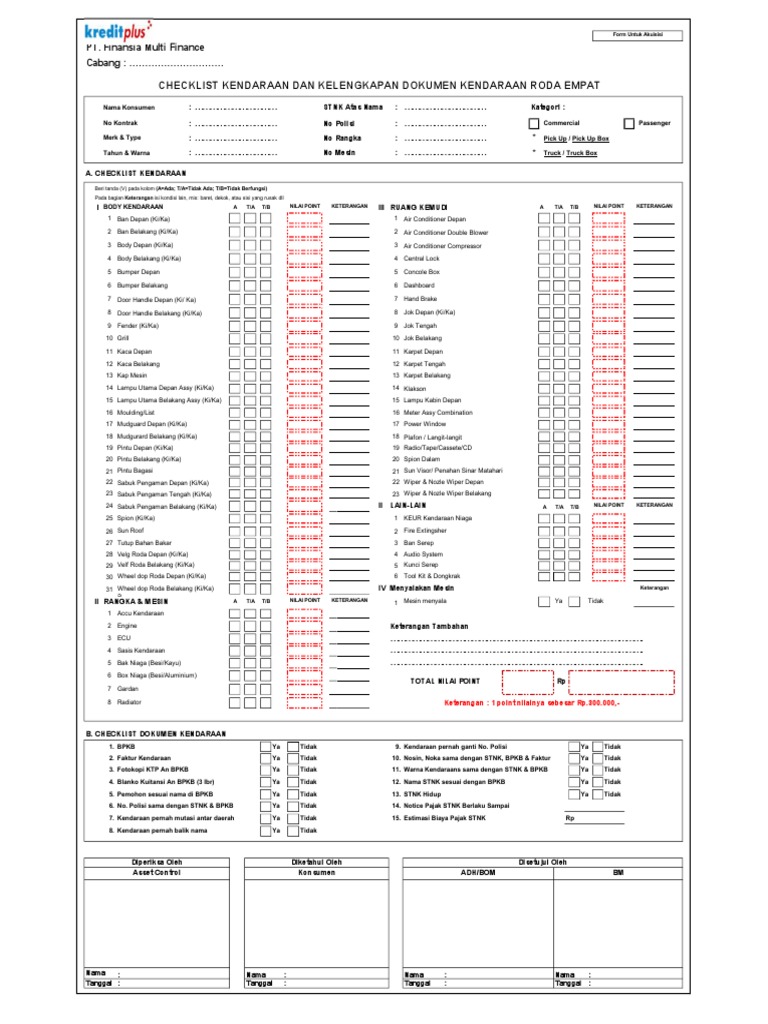 Lampiran 1 - Form Checklist Kendaraan Dan Kelengkapan Dokumen Kendaraan ...