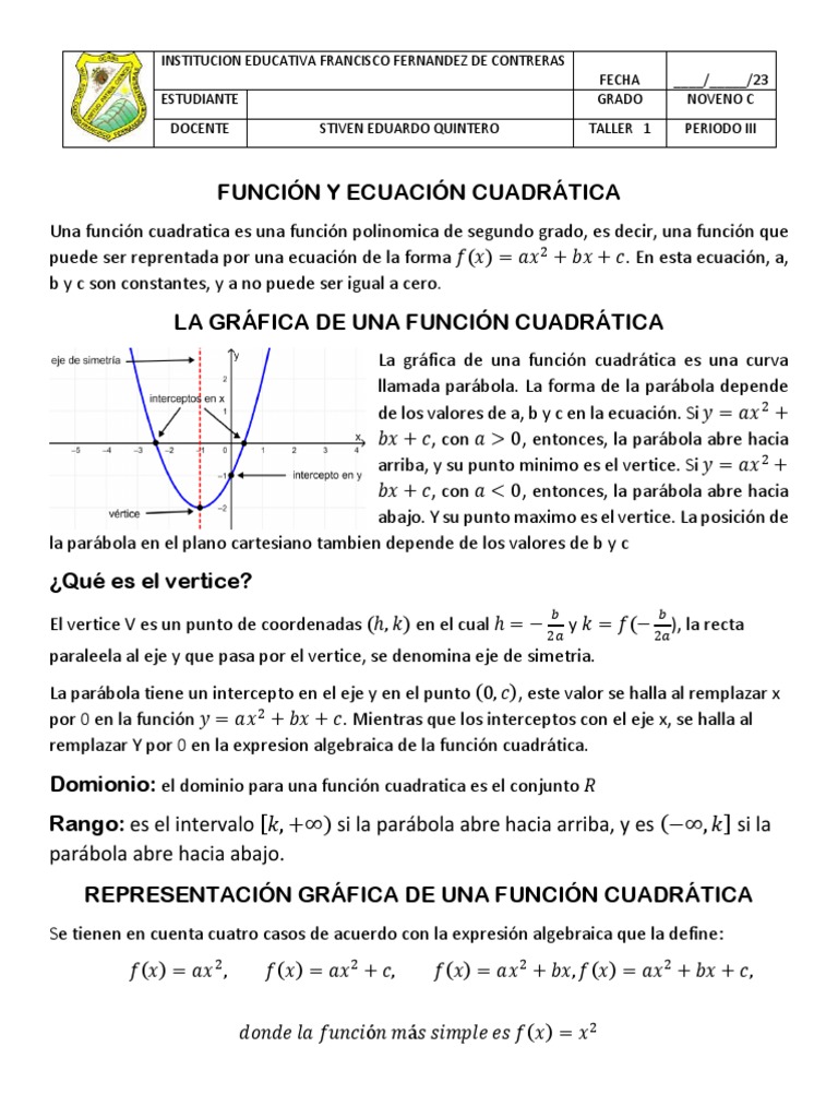 Taller 9no Funcion Cuadratica | PDF | Ecuaciones | Geometría algebraica