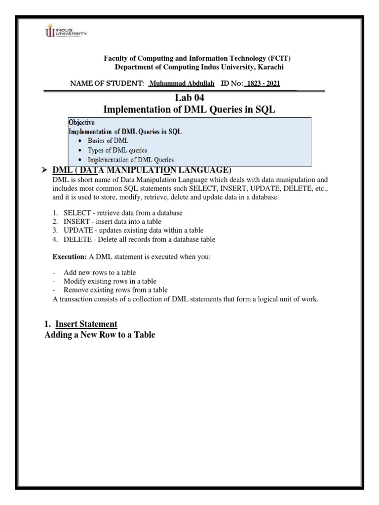 SQL DML Lab for Computing Students | PDF | Relational Database | Databases
