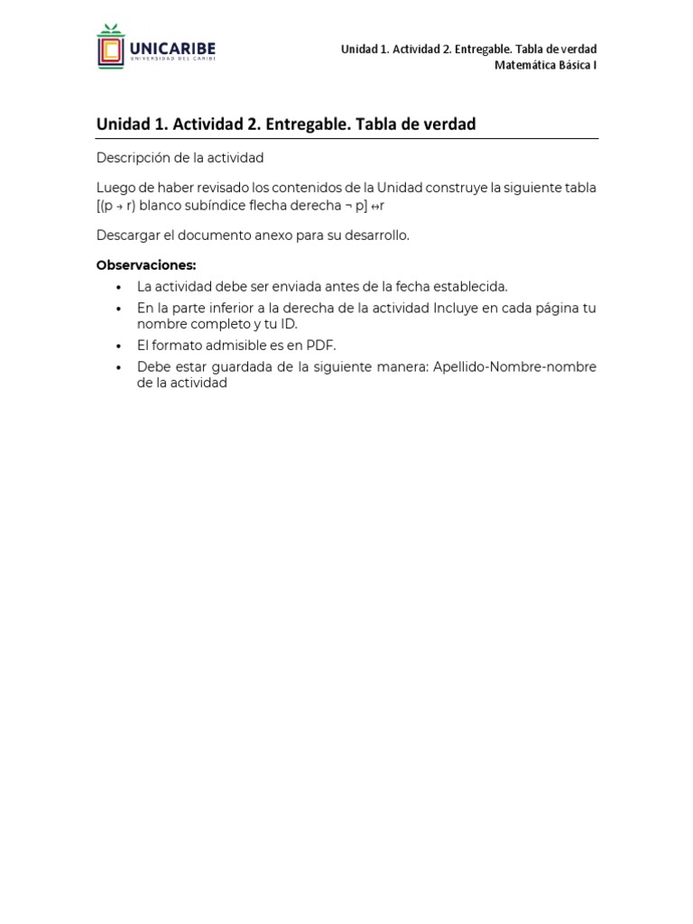 Unidad 1. Actividad 2. Entregable. Tabla de Verdad. | PDF