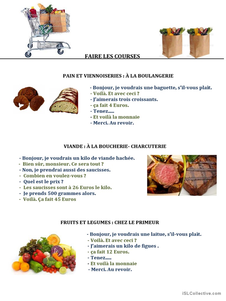 Faire les courses en français A1 | PDF | Accueil | Cuisine méditerranéenne