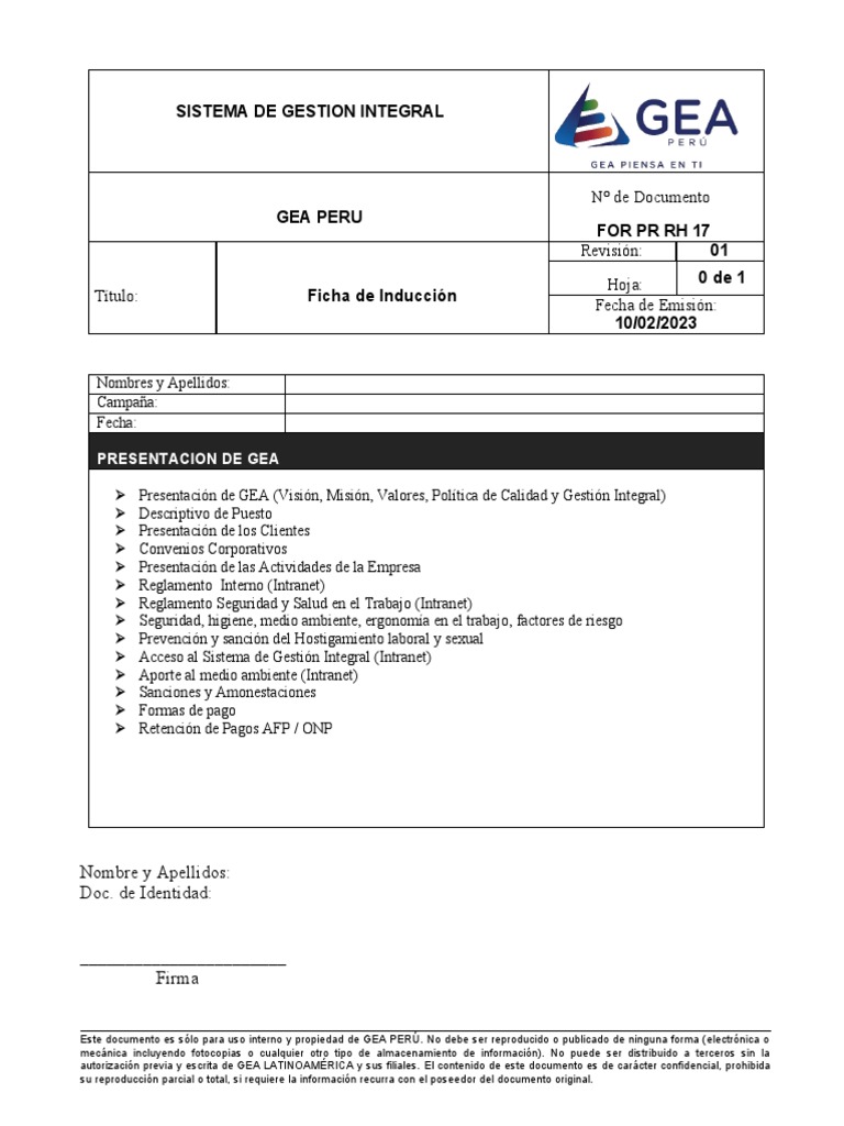 Ficha de Induccion Gea | PDF
