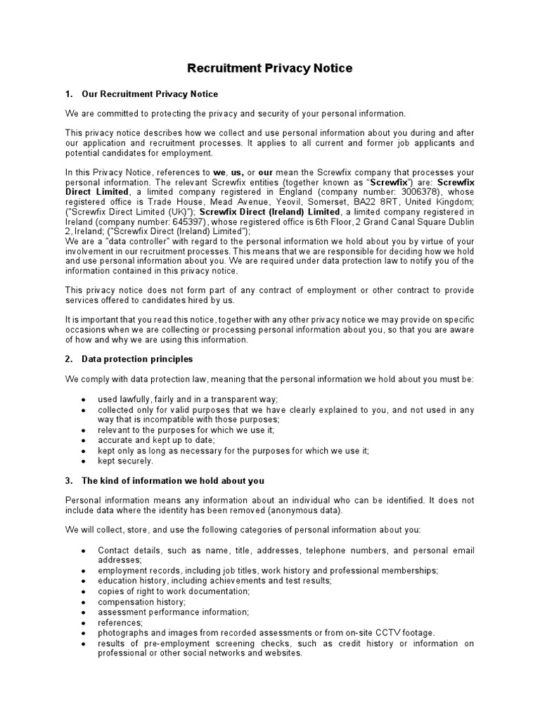 Screwfix Recruitment Privacy Notice | PDF | Background Check | Recruitment