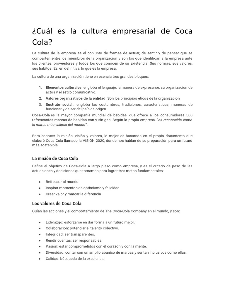Cultura Organizacional de Coca Cola | PDF | Coca Cola | Business