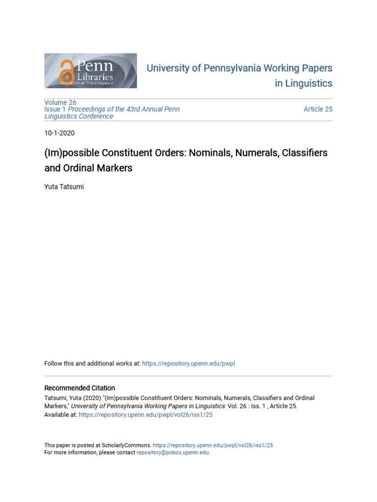(Im) Possible Constituent Orders - Nominals Numerals Classifiers | PDF | Linguistics | Syntactic ...