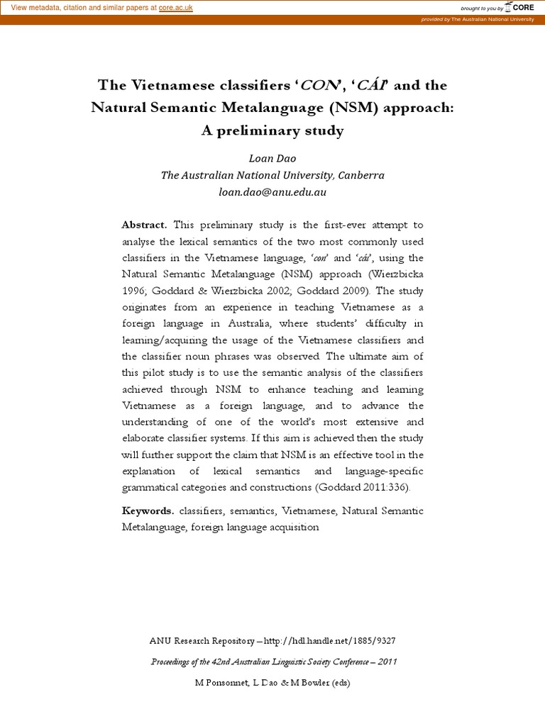 The Vietnamese Classifiers ', ' and The Natural Semantic Metalanguage (NSM) Approach: A ...