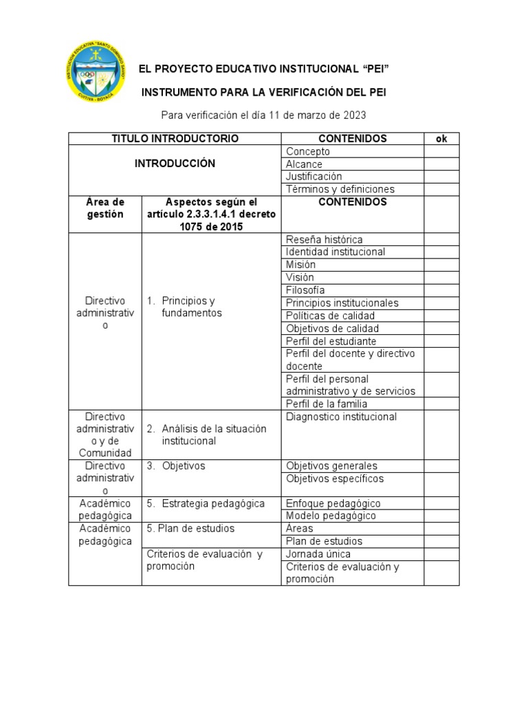 Instrumento para La Verificación Del PEI | PDF | Plan de estudios ...