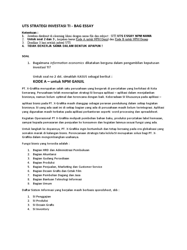 Uts Strategi Investasi Ti Essay 2023-1 | PDF | Bisnis