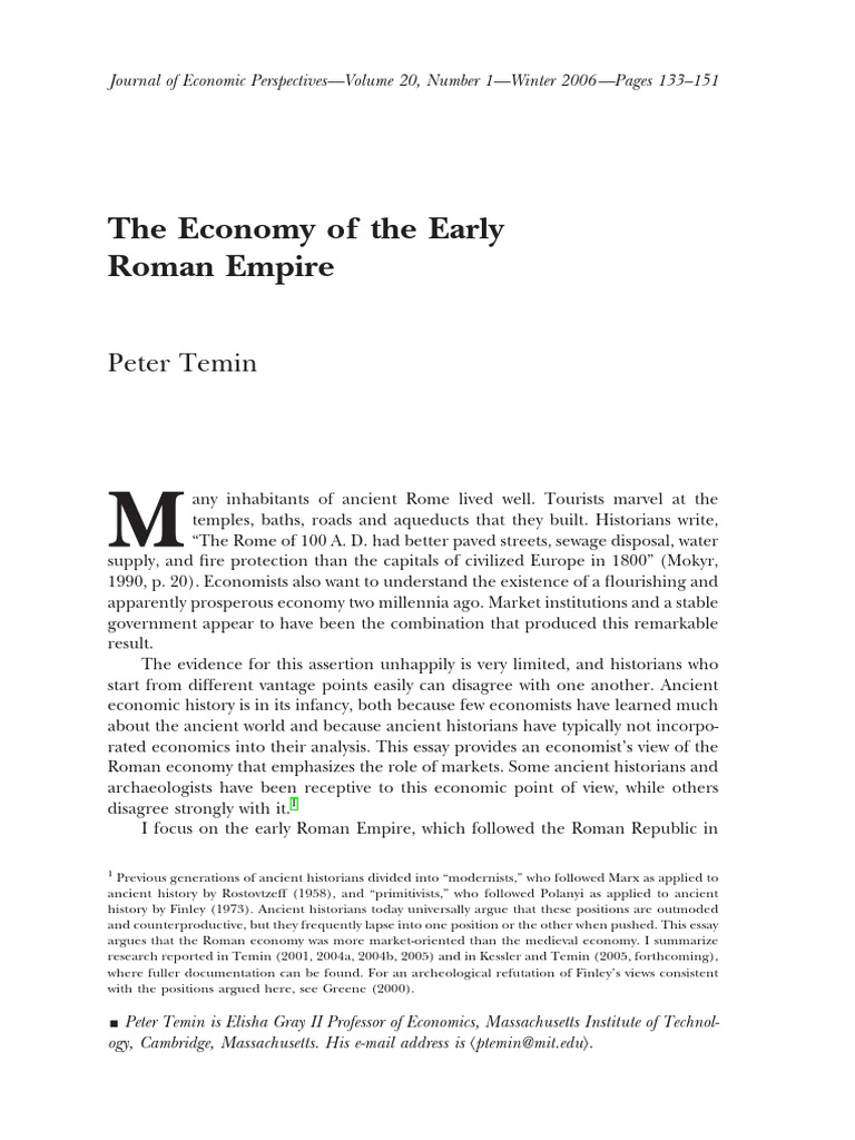 The Economy of The Early Roman Empire: Peter Temin | PDF | Roman Empire ...