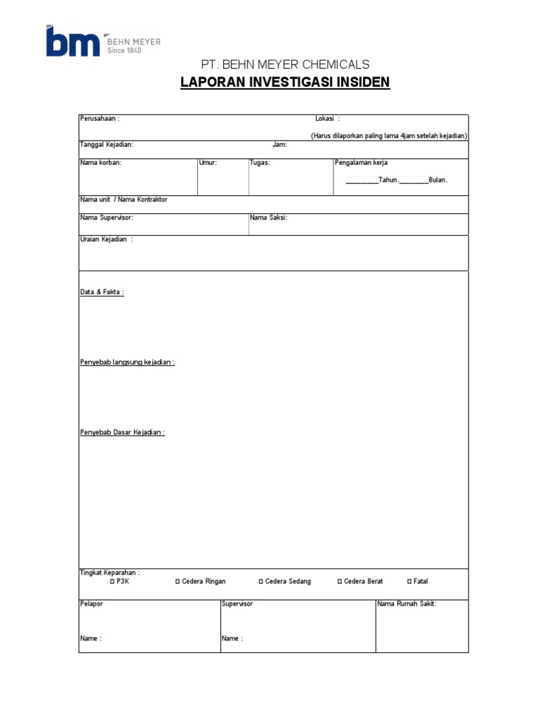 Form Investigasi Insiden PT - BM | PDF